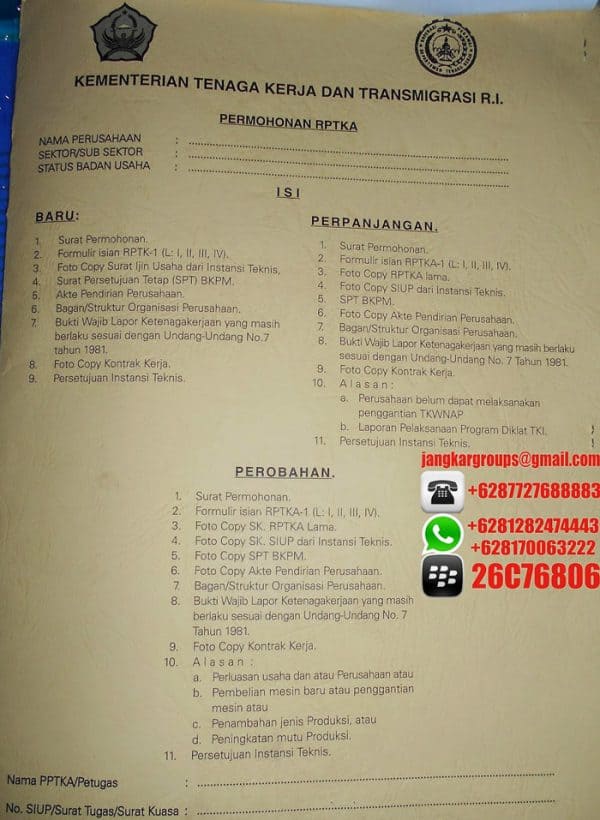 PERSYARATAN PEMBUATAN RPTKA BARU: Jasa Urus RPTKA